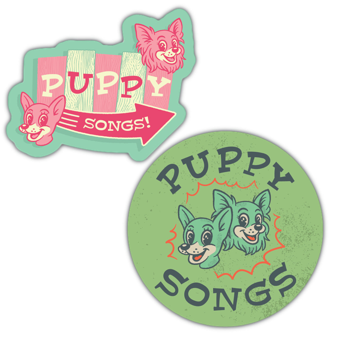 *NEW* Retro Leni and Mar Pup Sticker Set (2 Stickers) – Puppy Songs
